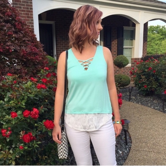 Tops | Mint Lace Trim Tank | Poshmark